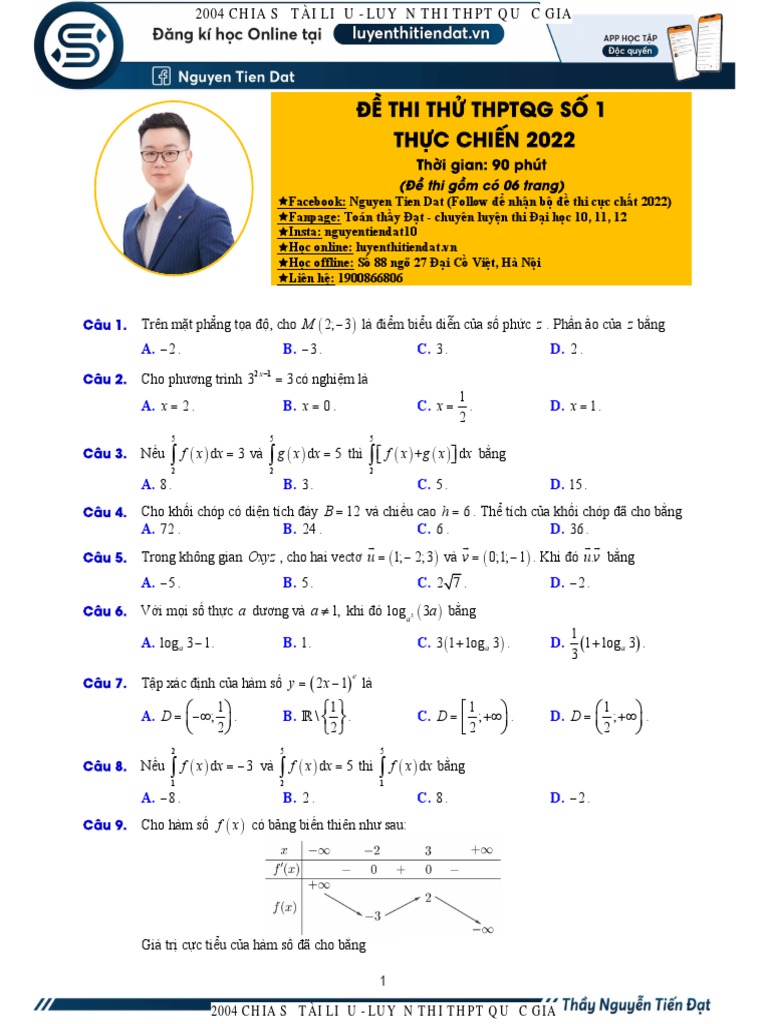 1. Đề thi thử THPTQG số 01 -THỰC CHIẾN 2022 - THẦY NGUYỄN TIẾN ĐẠT | PDF