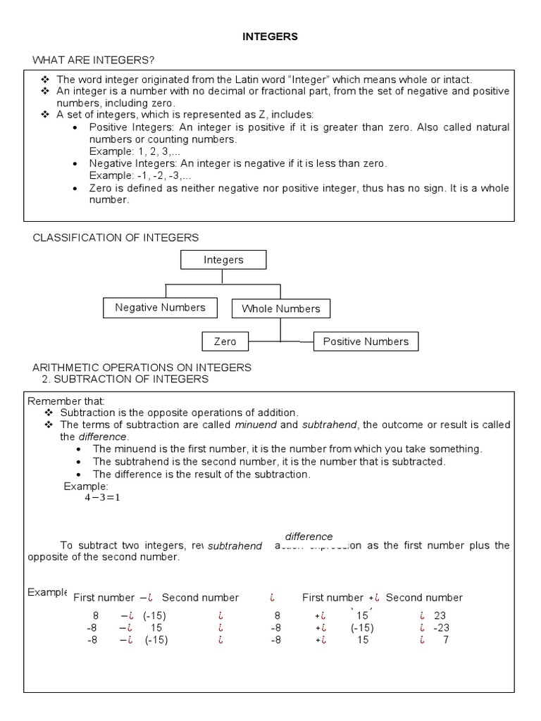 Integers: Minuend Subtrahend Difference | PDF | Subtraction | Numbers