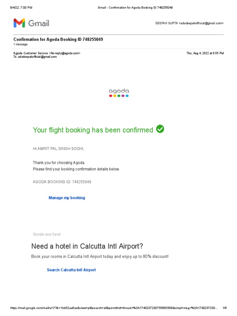Gmail - Confirmation For Agoda Booking ID 748255049 | PDF | Travel Visa ...