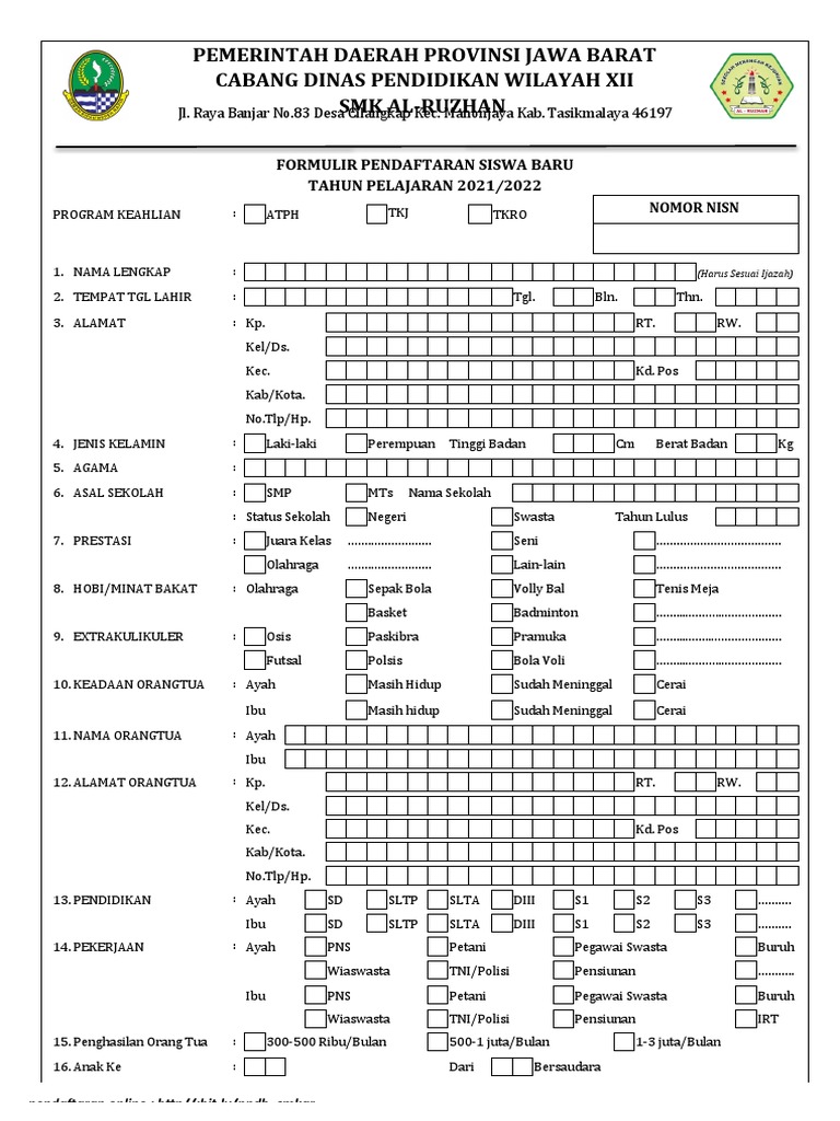 Formulir Pendaftaran Siswa Baru SMK | PDF