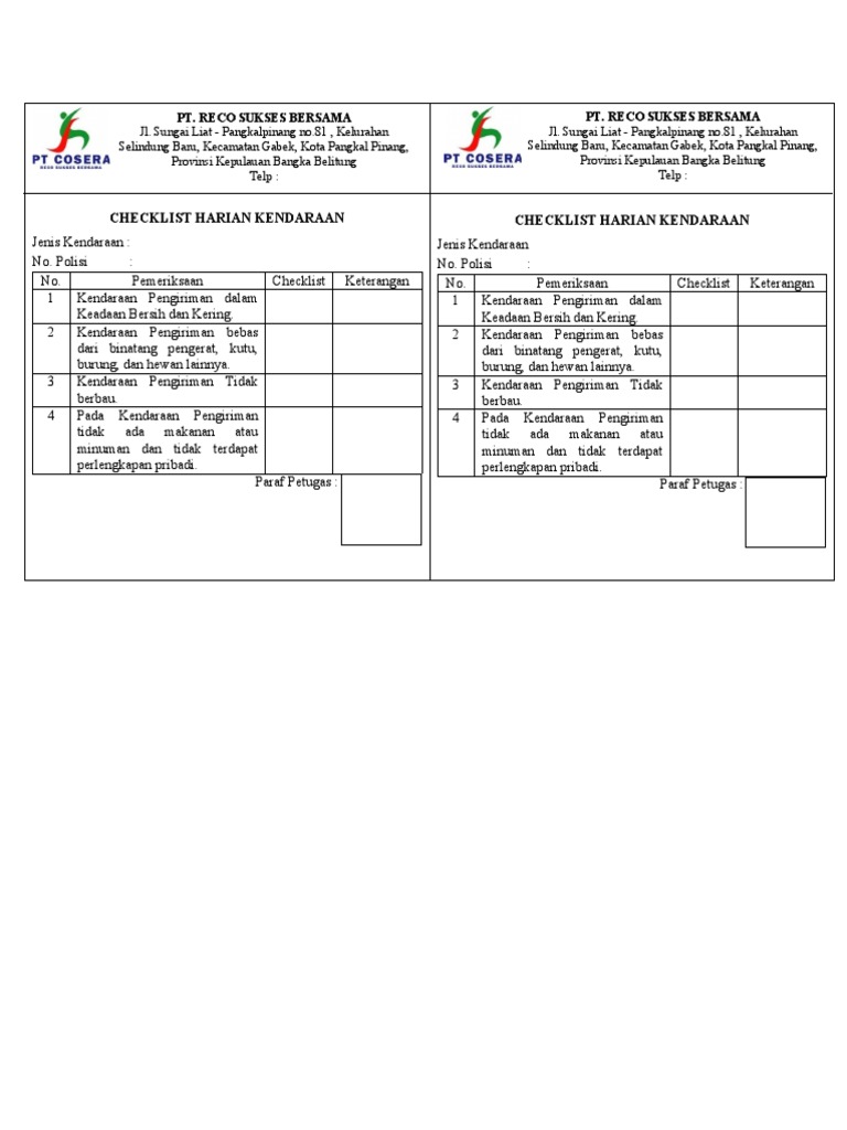 Checklist Harian Kendaraan | PDF