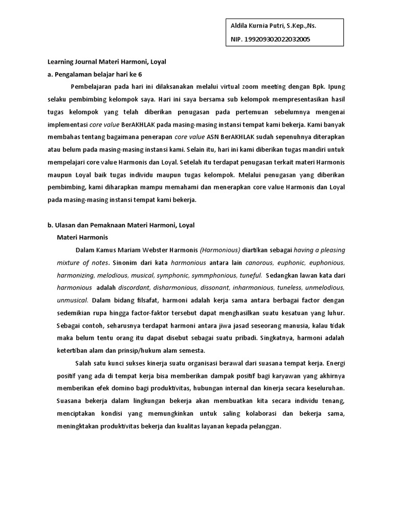 Tugas 9 Mei Learning Journal Harmonis Dan Loyal | PDF