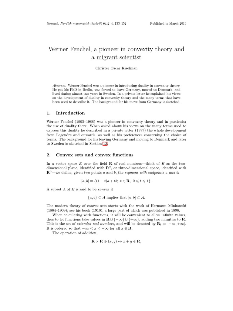 Werner Fenchel, A Pioneer in Convexity Theory and A Migrant Scientist | PDF | Geometry ...