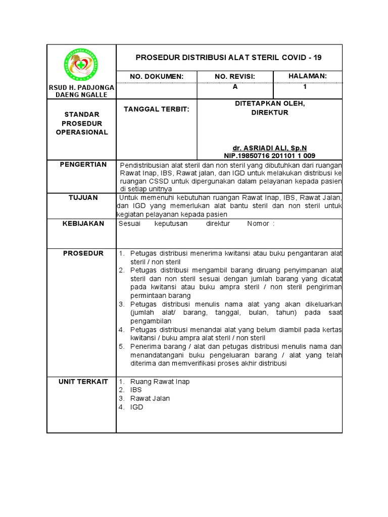 Sop Prosedur Distribusi Alat Steril Covid 19 | PDF