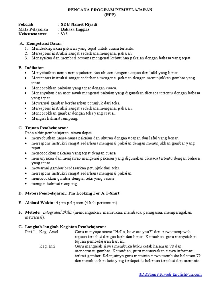 RPP K13 Bahasa Inggris Kelas 5 Semester 2 Revisi 2019 | PDF