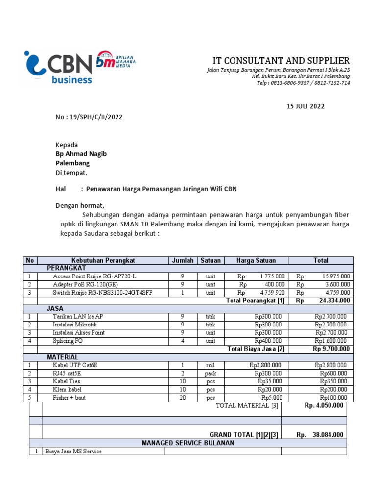 Penawaran Harga Pemasangan Jaringan Wifi CBN di SMAN 10 Palembang | PDF