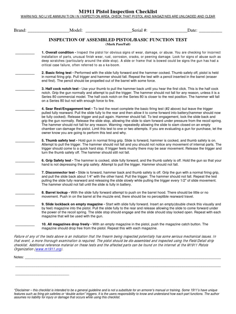 1911 Checklist | PDF | Trigger (Firearms) | Projectiles