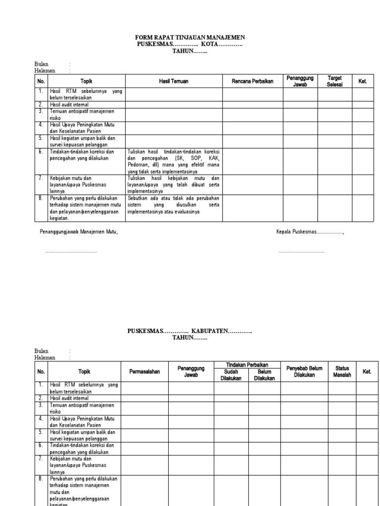 RTM 1 - Contoh Form Rapat Tinjauan Manajemen (RTM) | PDF