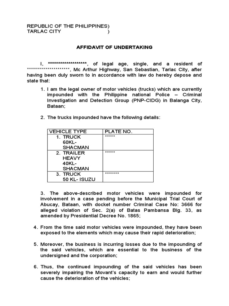 Affidavit of Undertaking | PDF | Affidavit | Legal Procedure