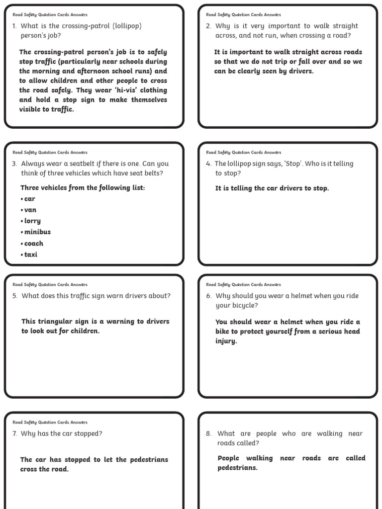Road Safety Question Cards Answers | PDF | Road Traffic Safety | Traffic
