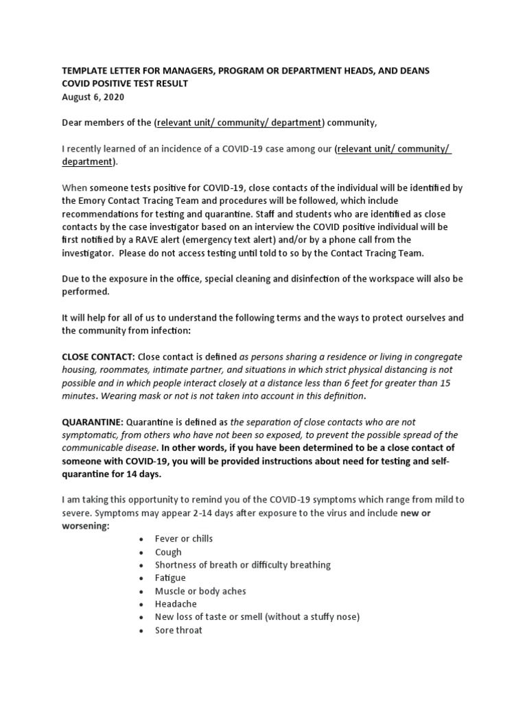 Covid-Positive Template Letter | PDF | Health Sciences | Immunology