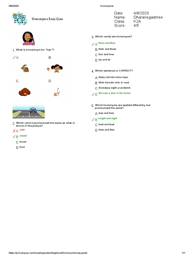 Homonyms Easy Quiz - BrainPOP JR | PDF