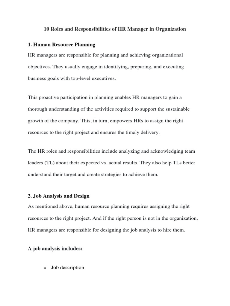 10 Roles and Responsibilities of HR Manager in Organization | PDF ...