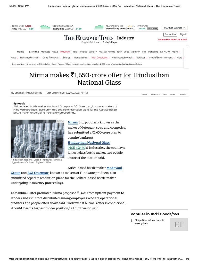 Hindusthan National Glass - Nirma Makes 1,650-Crore Offer For ...