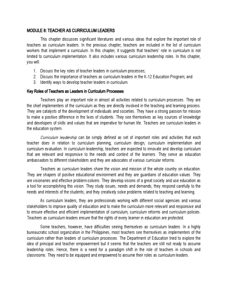 Teacher Roles in Curriculum Leadership | PDF | Curriculum | Teachers