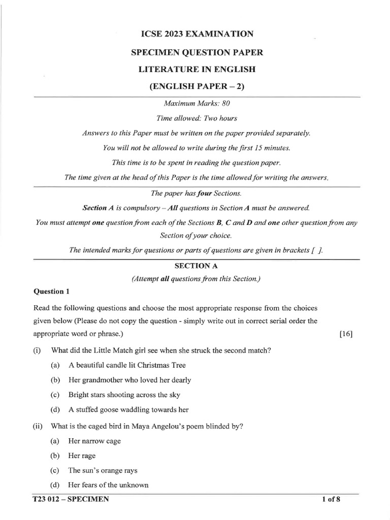 Icse 2023 Specimen Paper English 2 | PDF