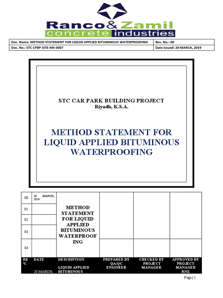 METHOD STATEMENT FOR Liquid Applied Bituminous Waterproofing | PDF ...