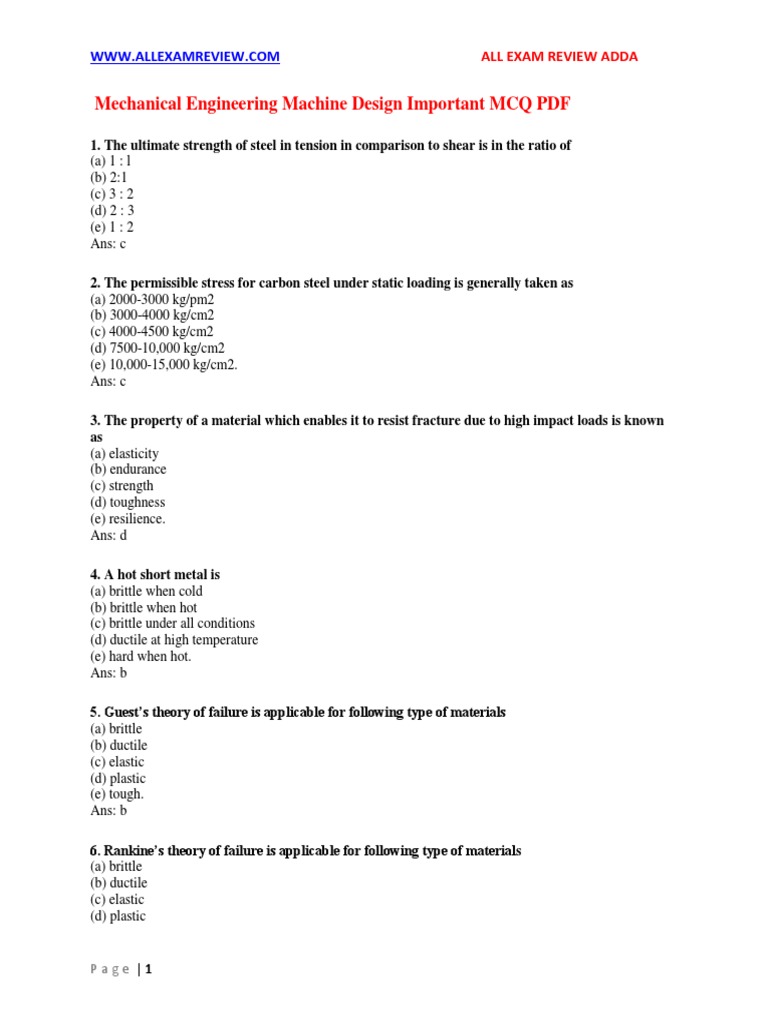 Mechanical Engineering Machine Design Important MCQ PDF: All Exam ...
