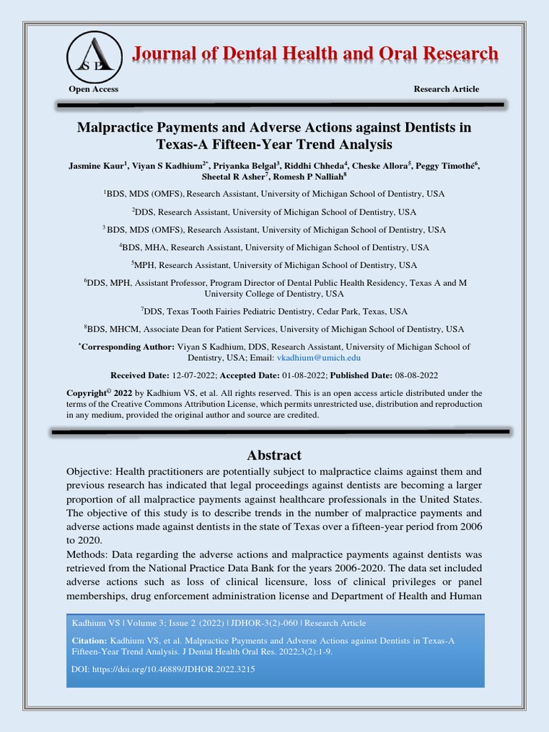 Malpractice Payments And Adverse Actions Against Dentists In Texas A