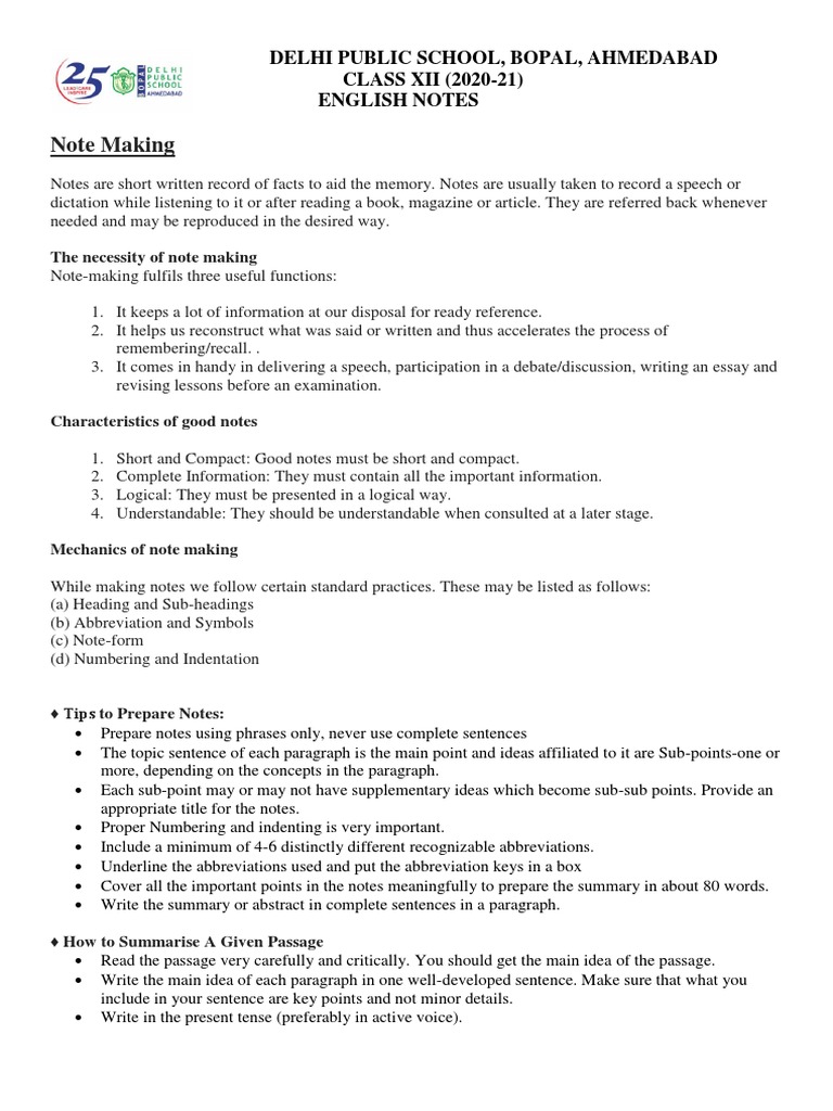 Note Making: Delhi Public School, Bopal, Ahmedabad CLASS XII (2020-21 ...