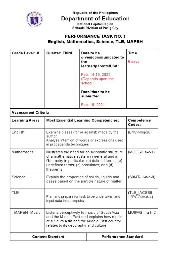 Department of Education: Performance Task No. 1 English, Mathematics ...