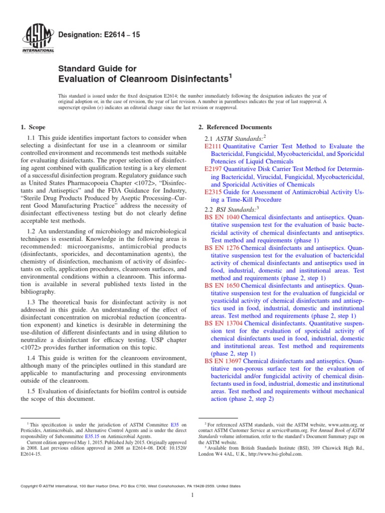 Evaluation of Cleanroom Disinfectants: Standard Guide For | PDF ...