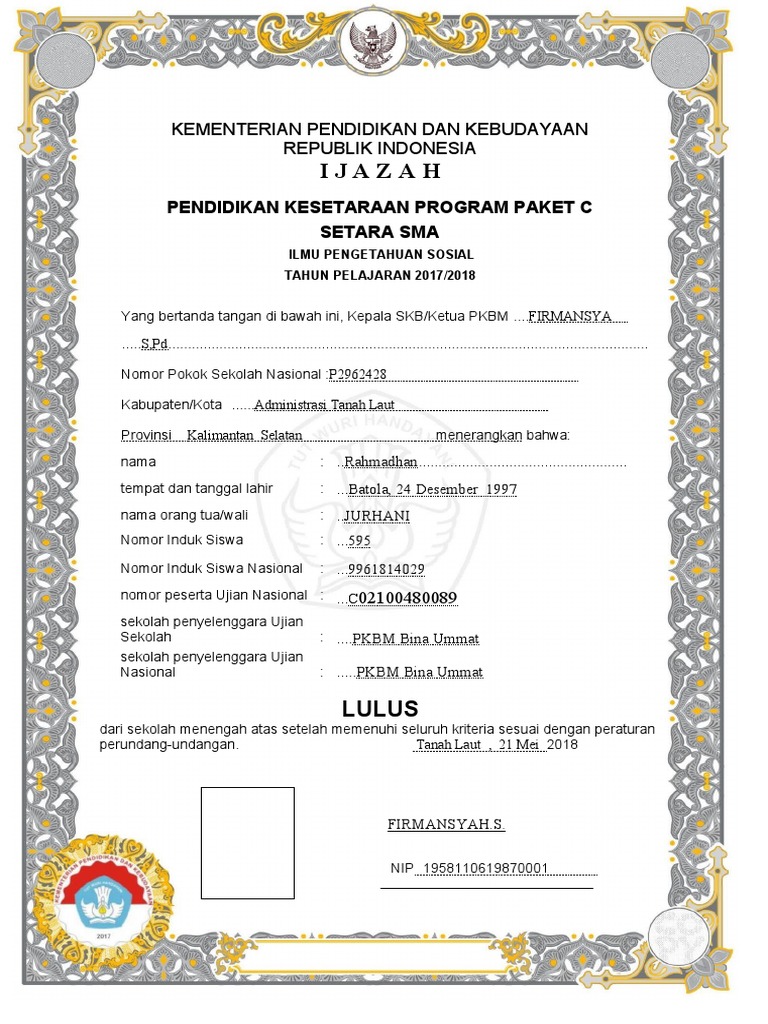 Ijazah Sma Ipa 2017 | PDF