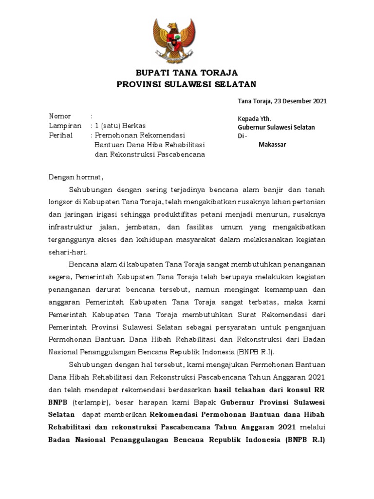 Surat Permohonan Bupati Ke Gubernur Berdasarkan Hasil Telahan | PDF