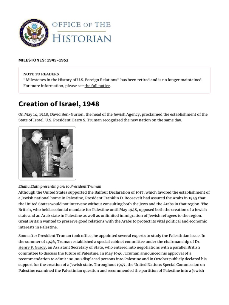 Creation of Israel, 1948 - Milestones - 1945-1952 - Milestones in The ...