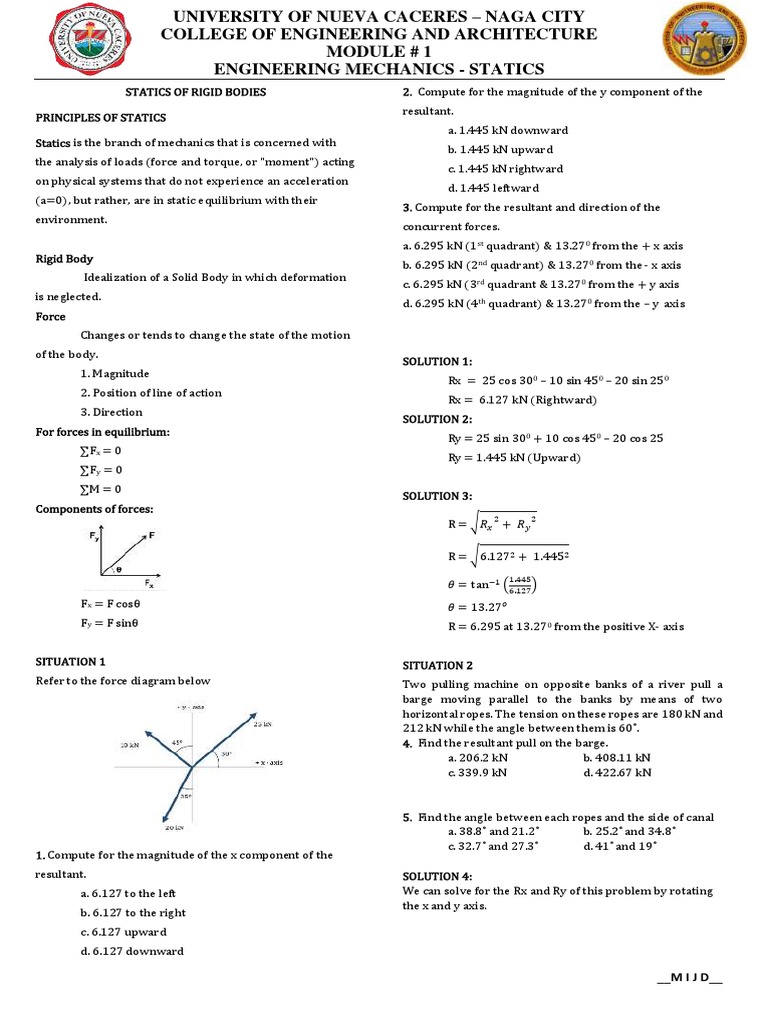 Module 1 Statics | PDF | Force | Rotation Around A Fixed Axis
