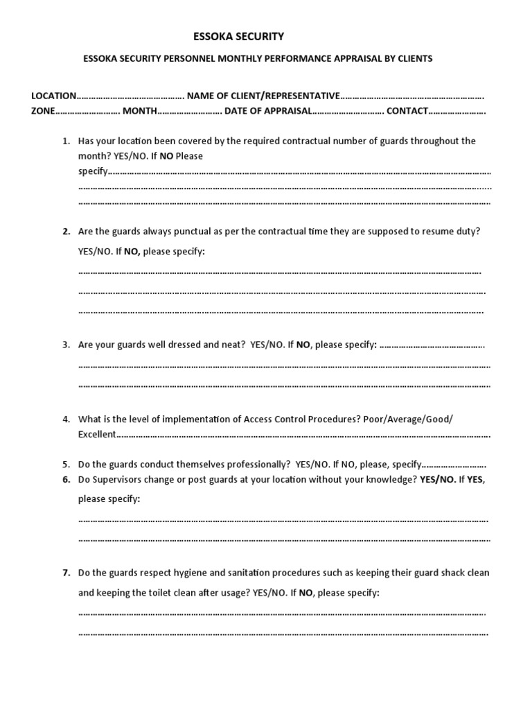 Guards Performance Appraisal Form by Clients | PDF | Sanitation | Hygiene