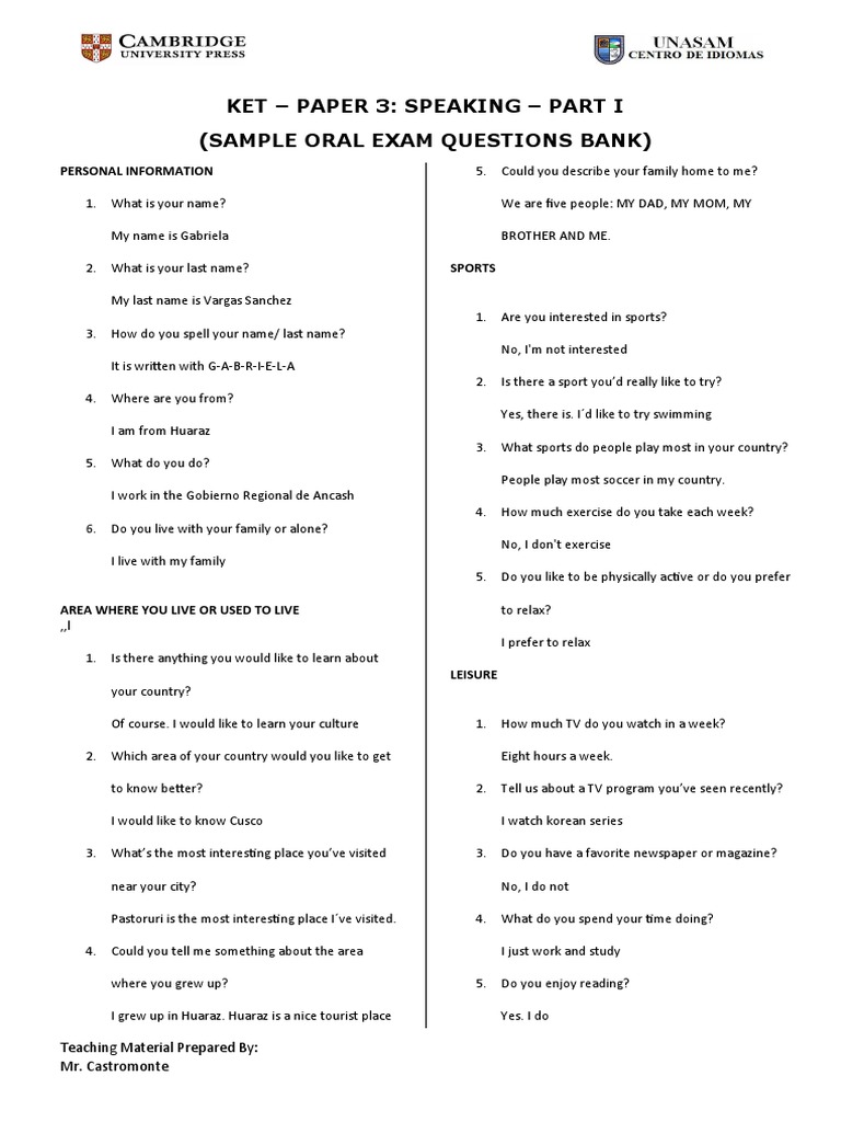 Ket - Oral Exam Questions Bank | PDF