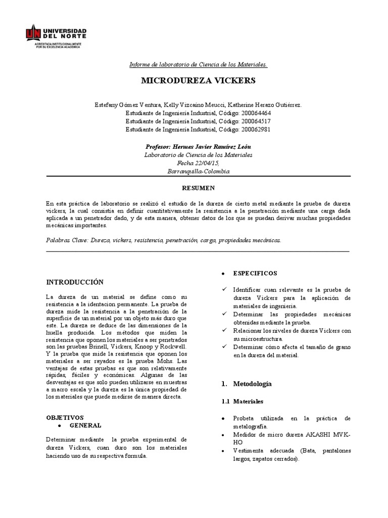 Laboratorio Microdureza Vickers | PDF | Dureza | Medición