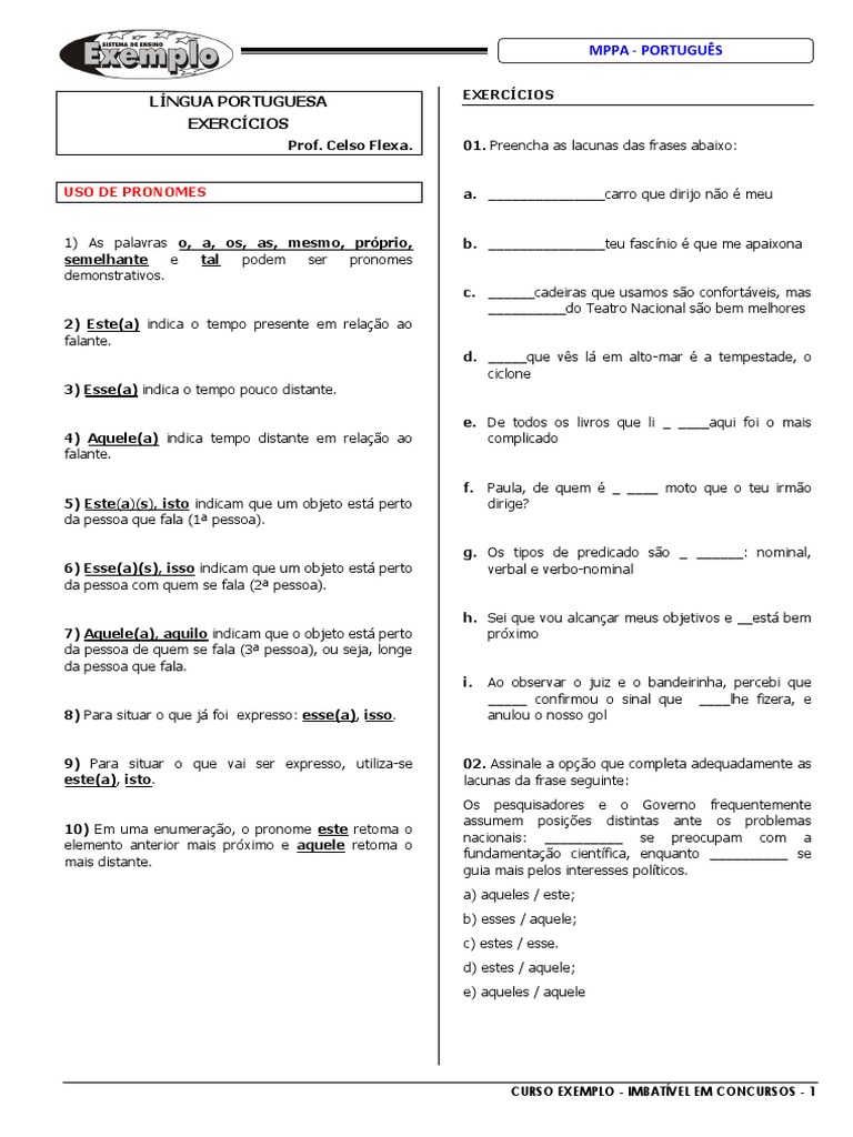 Exercicio de Portugues | PDF | Pronome | Linguística