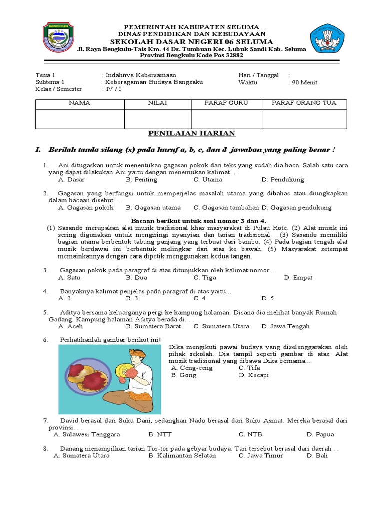 PH Kelas 4 Tema 1 ST 1 2 3 Semester 1 | PDF | Kajian Bahasa Asing | Seni