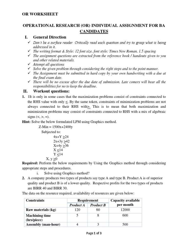 OR Individual Assignment Solved Using Graphics, Simplex, Transportation & Decision Analysis ...