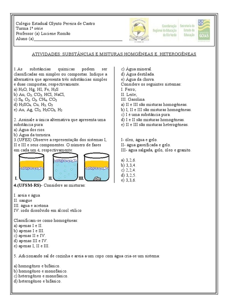 Atividade - 1º Ano Quimica Substancias e Misturas | PDF