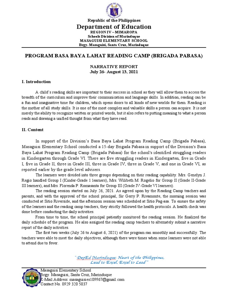 BRIGADA PABASA NARRATIVE REPORT JULY 26 Aug. 13 2021 | PDF | Learning ...