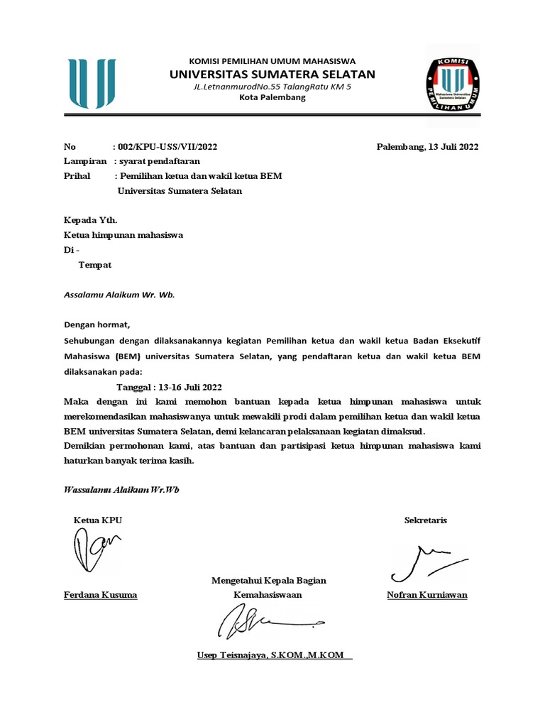 Surat Permohonan Himpunan Mahasiswa Universitas Sumatera Selatan. | PDF