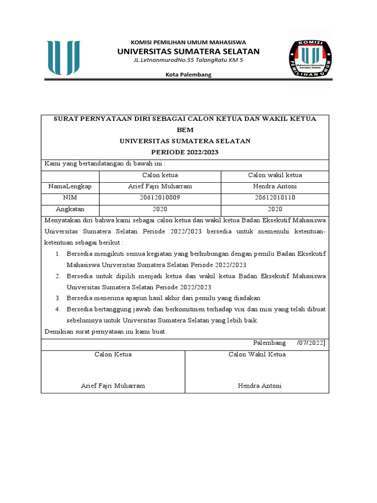 Surat Pernyataan Calon BEM 2022/2023 | PDF