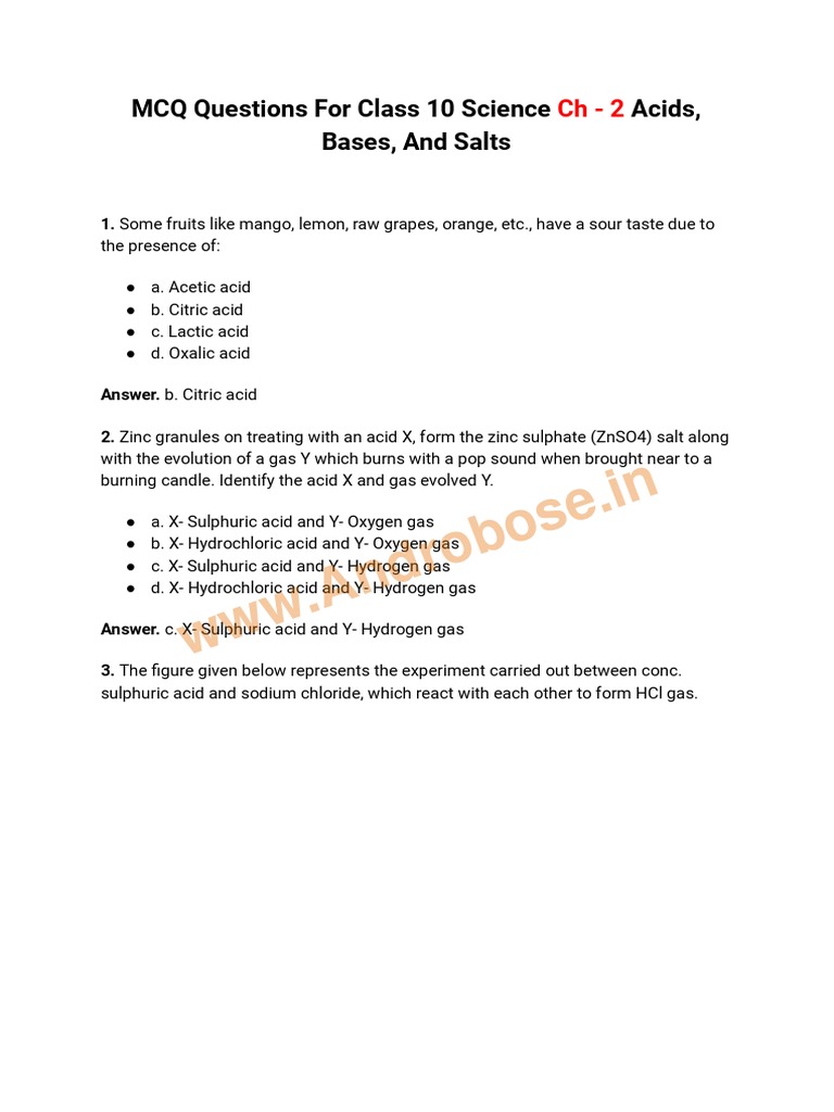 MCQ Questions For Class 10 Science CH - 2 Acids, Bases, and Salts | PDF ...