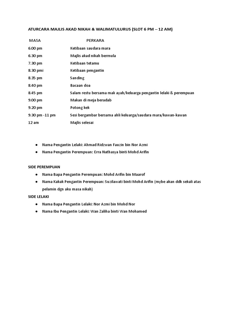 Aturcara Majlis Akad Nikah Dan Sanding | PDF