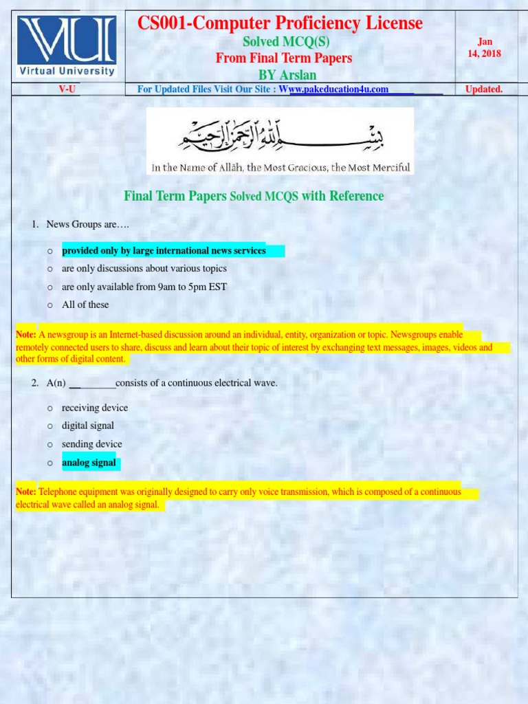 Cs001 Computer Proficiency License Solved Mcq S By Arslan Pdf Spreadsheet Microsoft Excel 