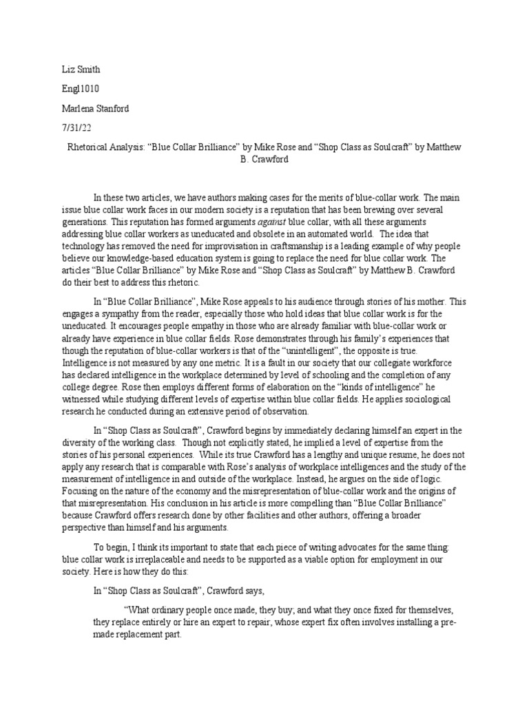 Rhetorical Analysis Final Draft | PDF | Blue Collar Worker | Argument