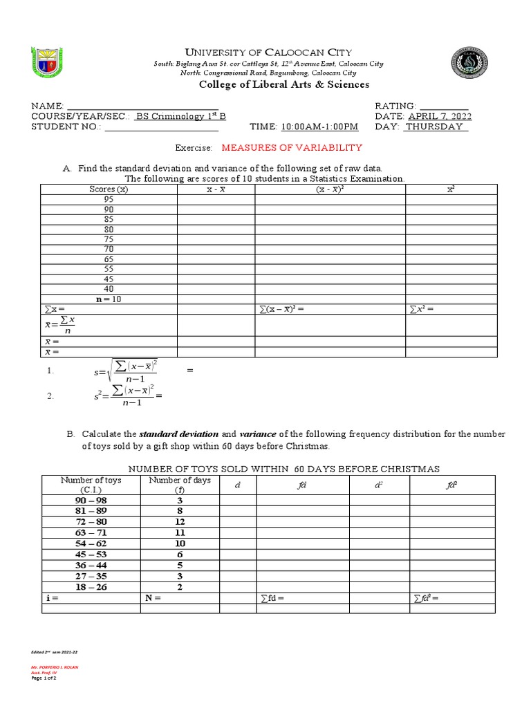 EXERCISE#9 Measures of Variability 2 | PDF | Variance | Data Analysis