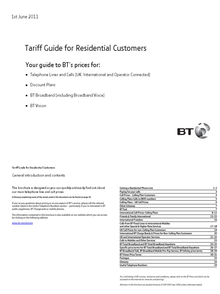 BT Tariff Guide For Resdential Customers | PDF | Internet Access ...