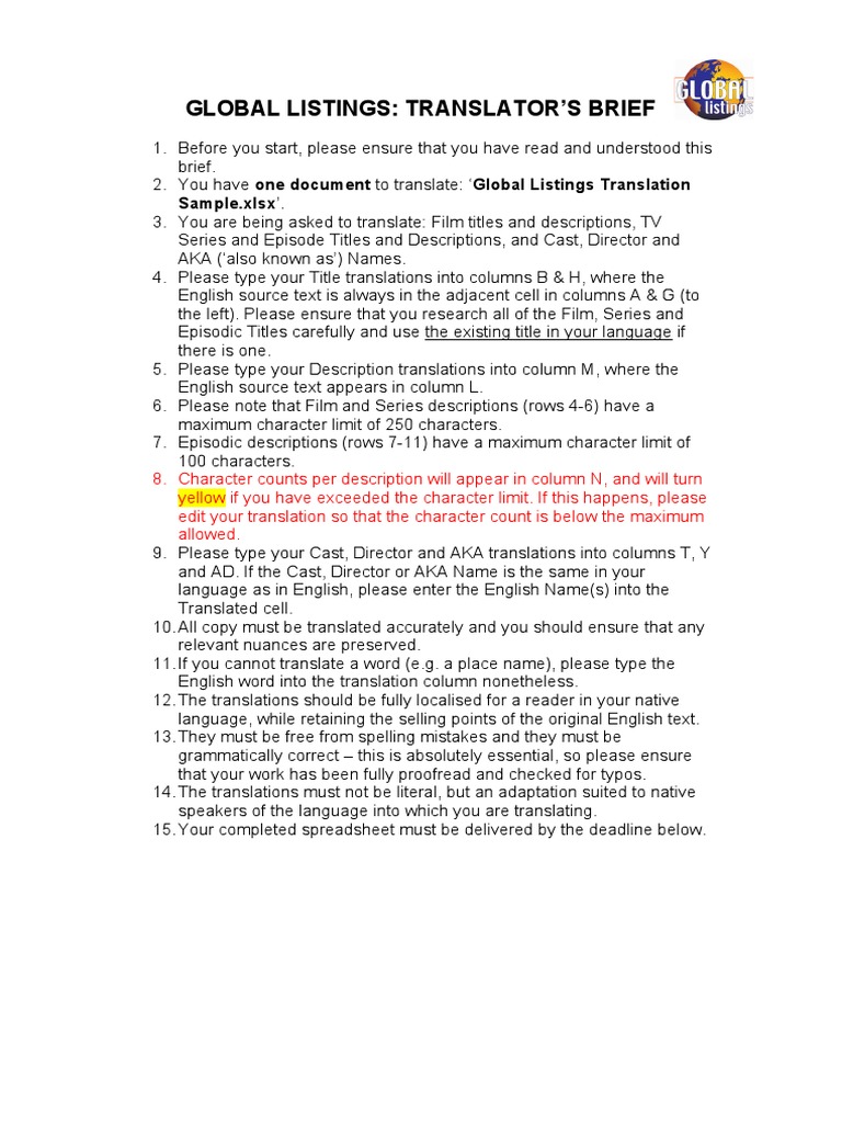 Global Listings: Translator'S Brief: Sample - XLSX' | PDF ...