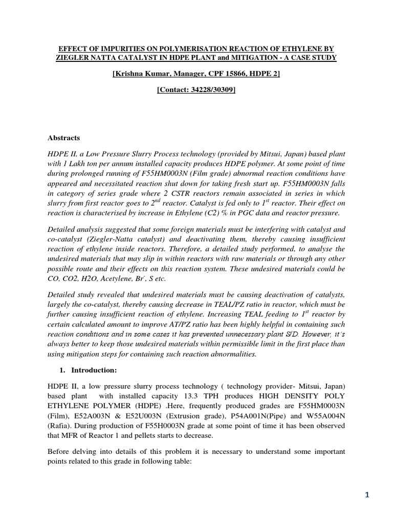 Paper Impurities'Effect Mitigation Case Study | PDF | Chemical Reactor ...