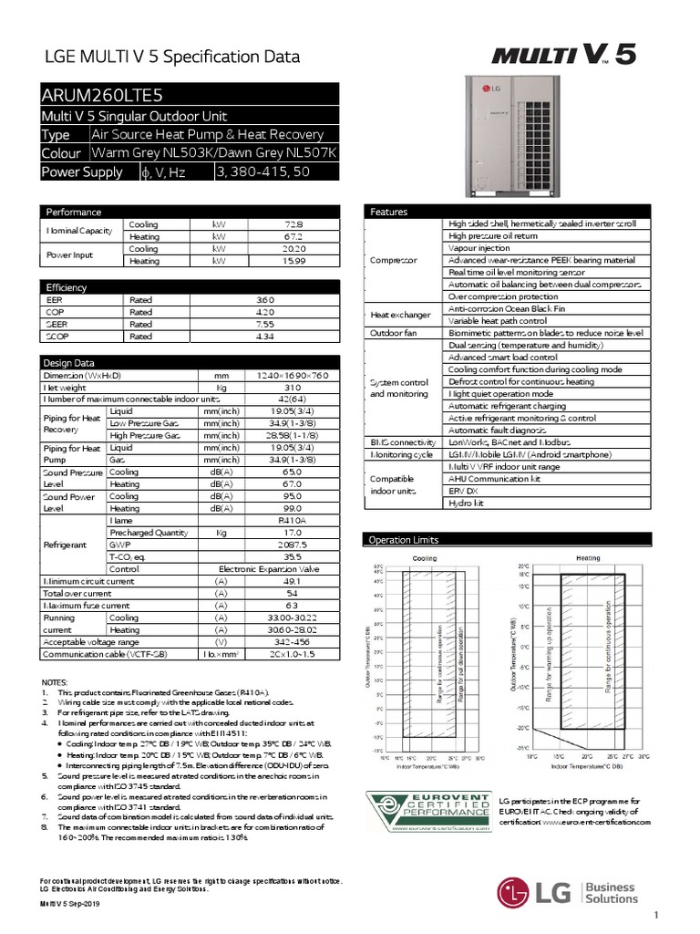 ARUM260LTE5: LGE MULTI V 5 Specification Data | PDF | Applied And ...