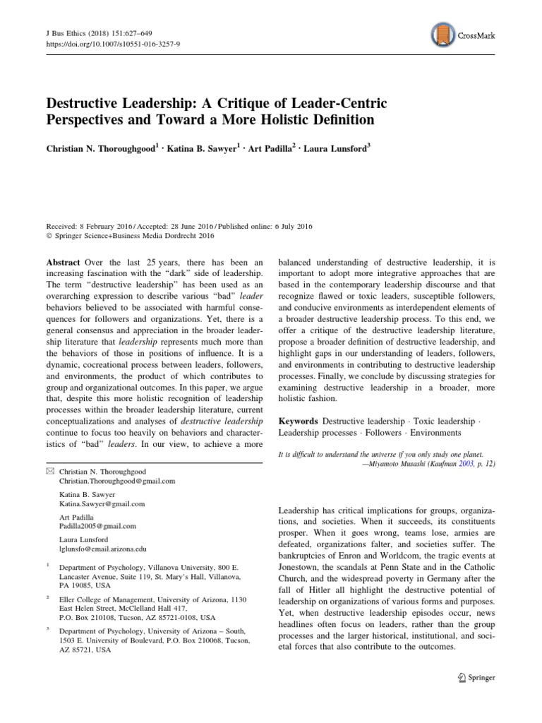 Destructive Leadership A Critique of Leader-Centric Perspectives and ...
